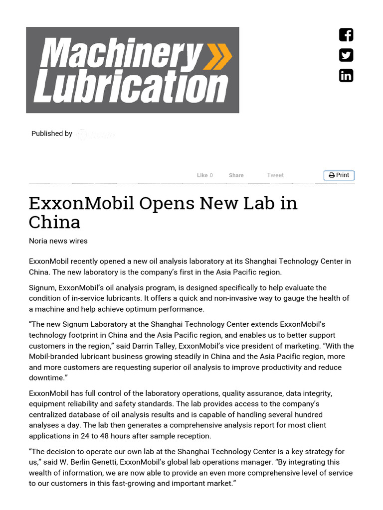 ExxonMobil Opens New Lab in China | PDF | Laboratories | Lubricant
