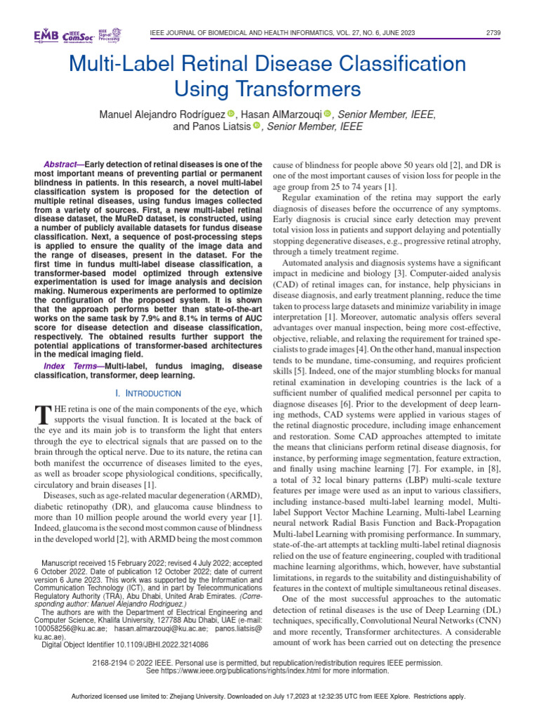 Multi-Label Retinal Disease Classification Using Transformers | PDF ...