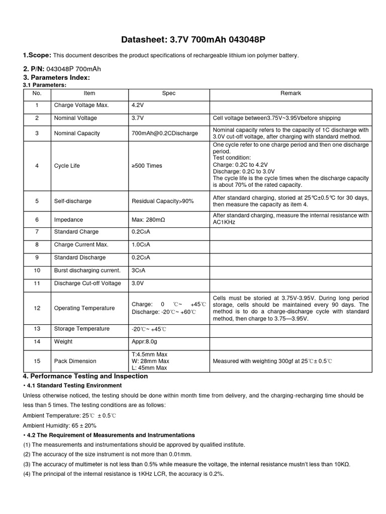 3.7v 700mah Battery Datasheet | PDF | Rechargeable Battery | Soldering