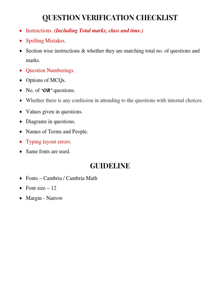Question Paper Verification Checklist | PDF