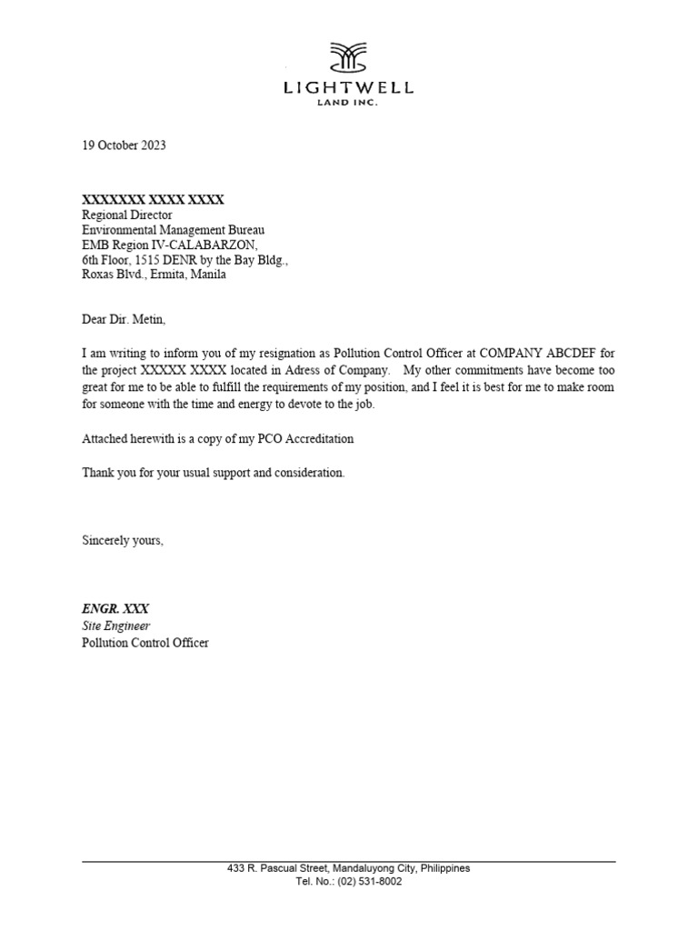 Resignation Letter - Pollution Control Officer | PDF