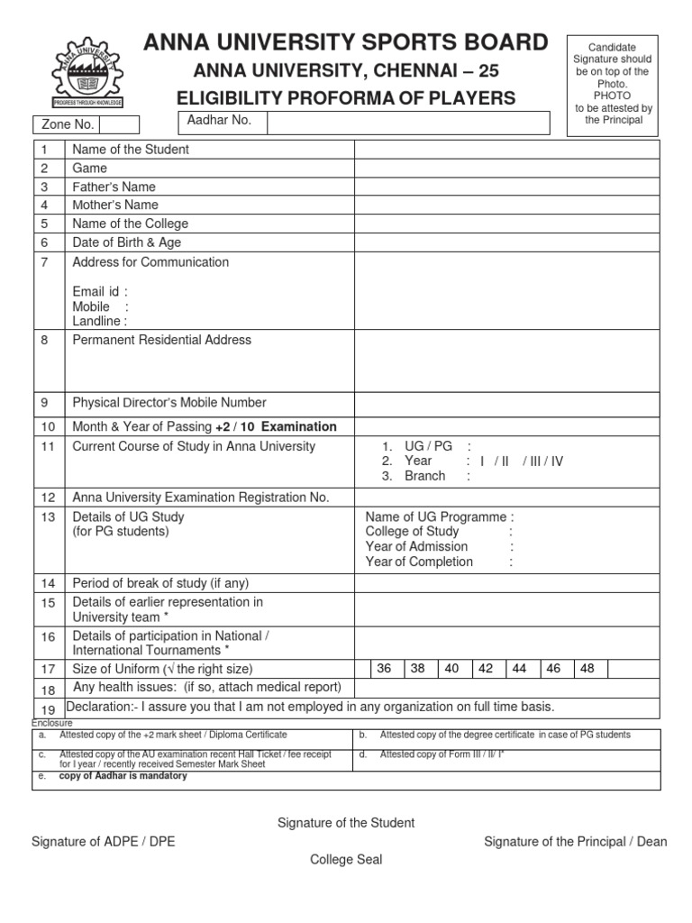 Anna University Sports Eligibility Form | PDF | Educational Stages