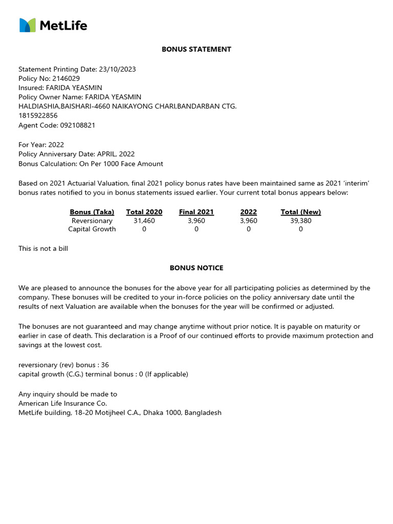 Bonus Statement | PDF