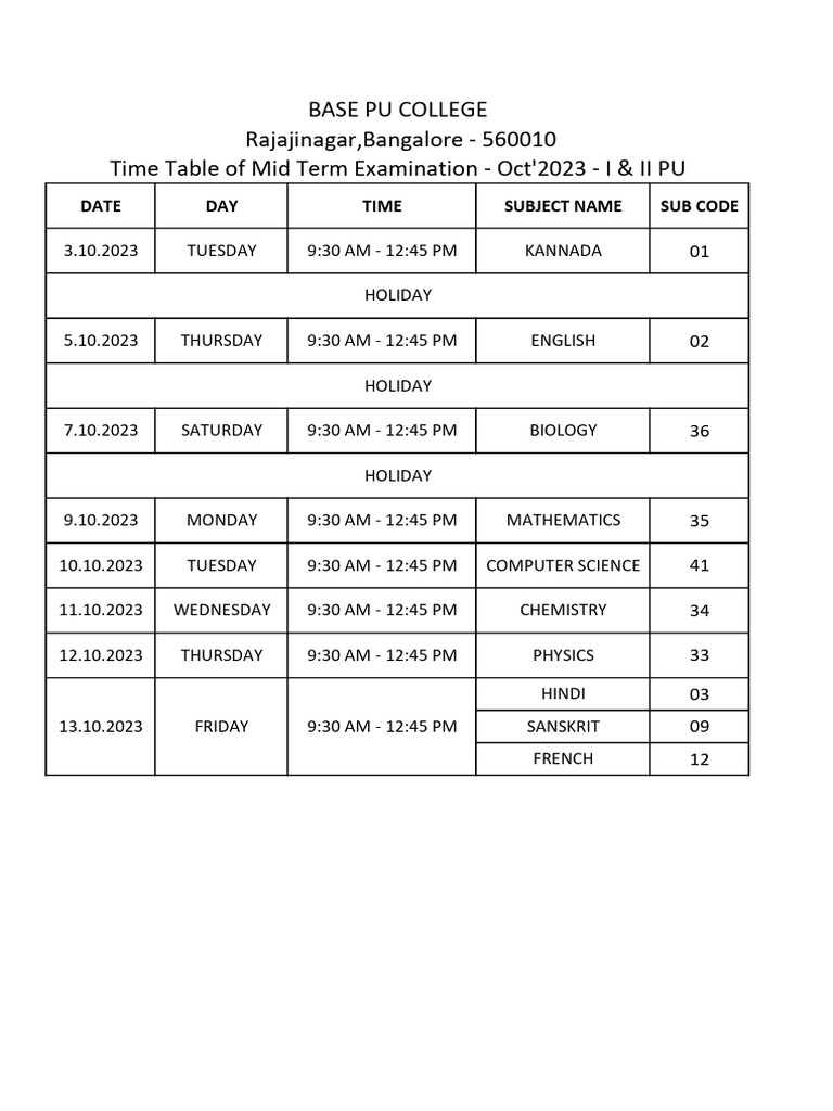 I & Ii Pu - Mid Term Examination Timetable Oct'2023 | PDF