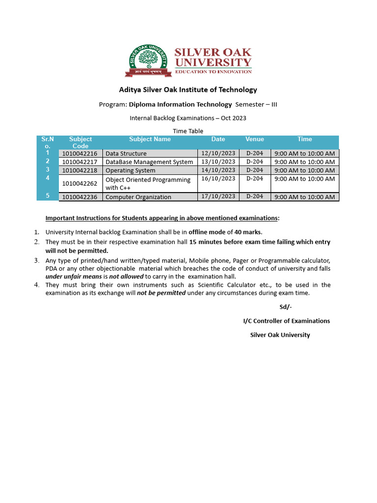 BACKLOG - 3DIT Time Table Format Sem - Format | PDF