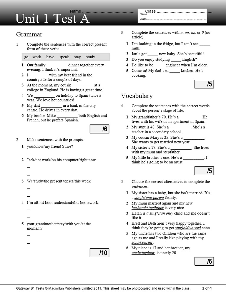 Unit 1 Test A: Grammar and Vocabulary | PDF | English Language