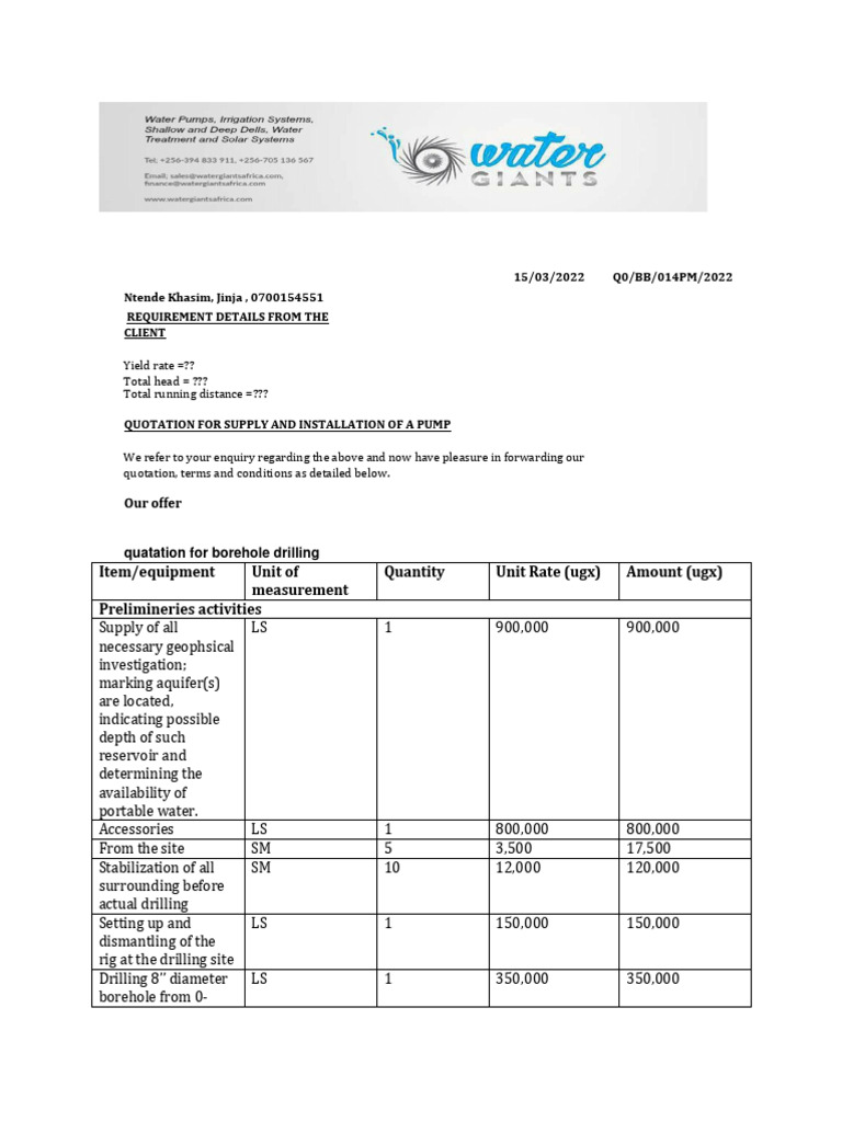 Borehole Drilling Quotation | PDF | Technology & Engineering