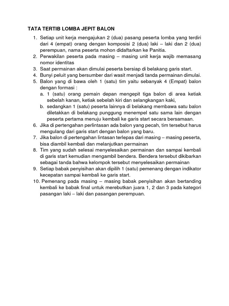 Ketentuan Tata Tertib Lomba Jepit Balon Hut Kemerdekaan | PDF