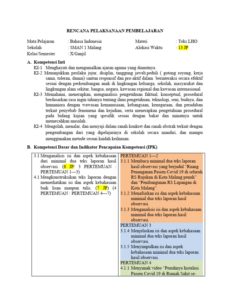 Contoh RPP 1 Lembar | PDF