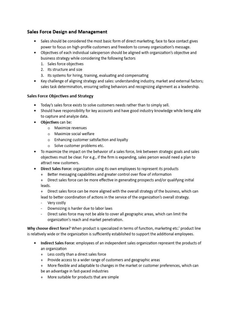 Sales Force Design and Management NOTES | PDF