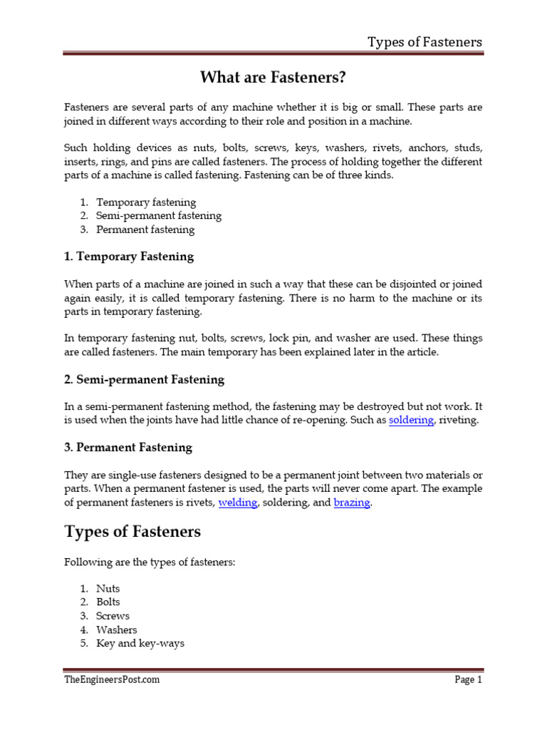 Types of Fasteners | PDF