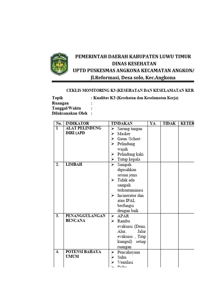 Ceklis Monitoring k3 | PDF