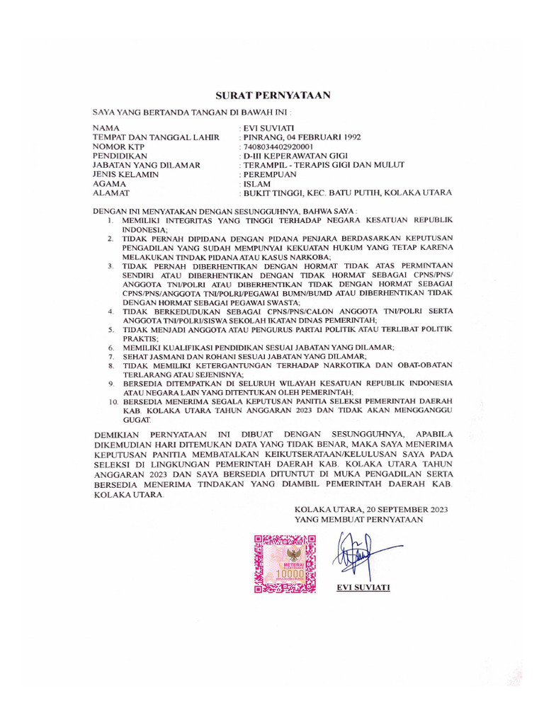 Surat Pernyataan Materai P3K | PDF