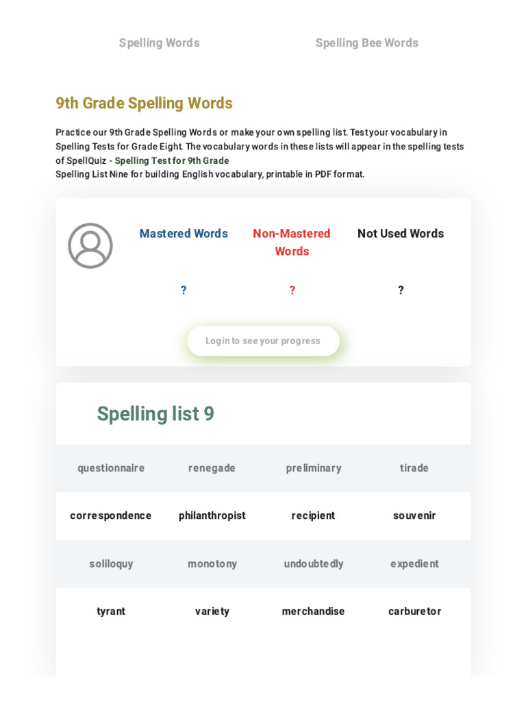 9th Grade Spelling Words, - Spelling List 9 | PDF