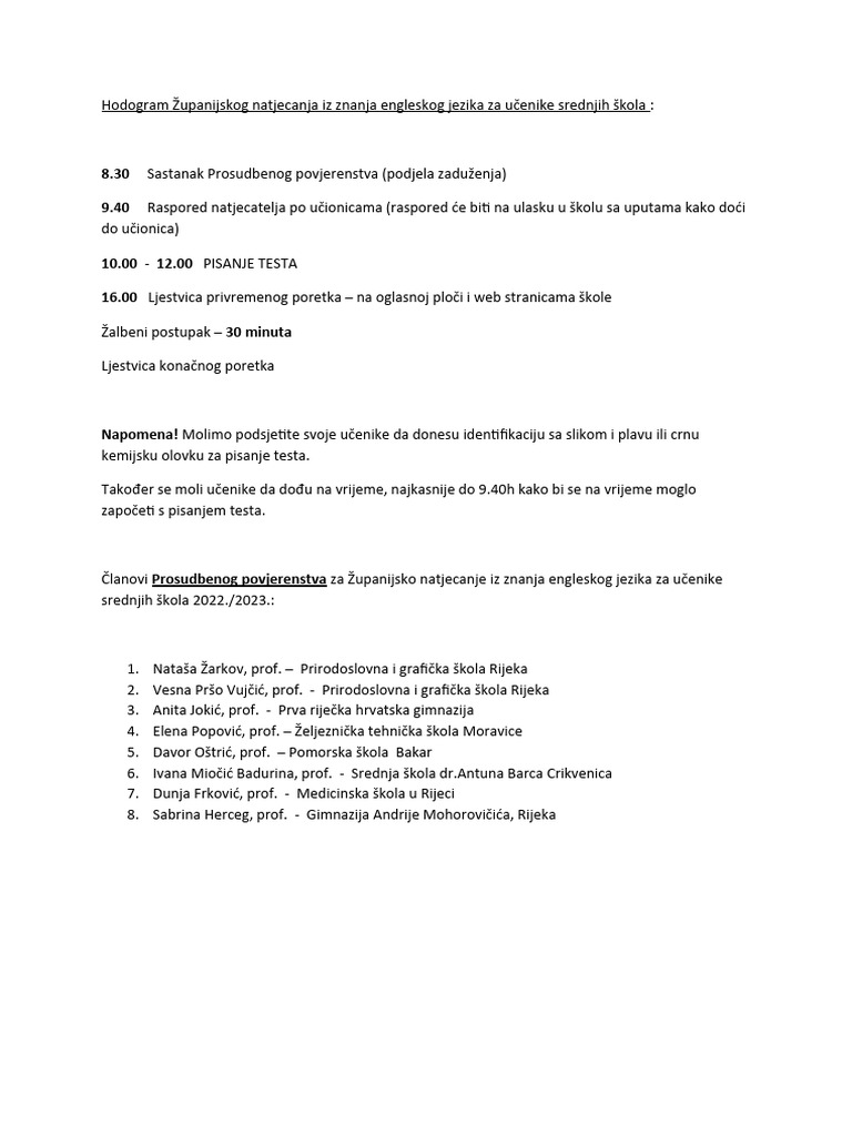 Hodogram Zupanijskog Natjecanja Iz Znanja Engleskog Jezika Za Ucenike ...