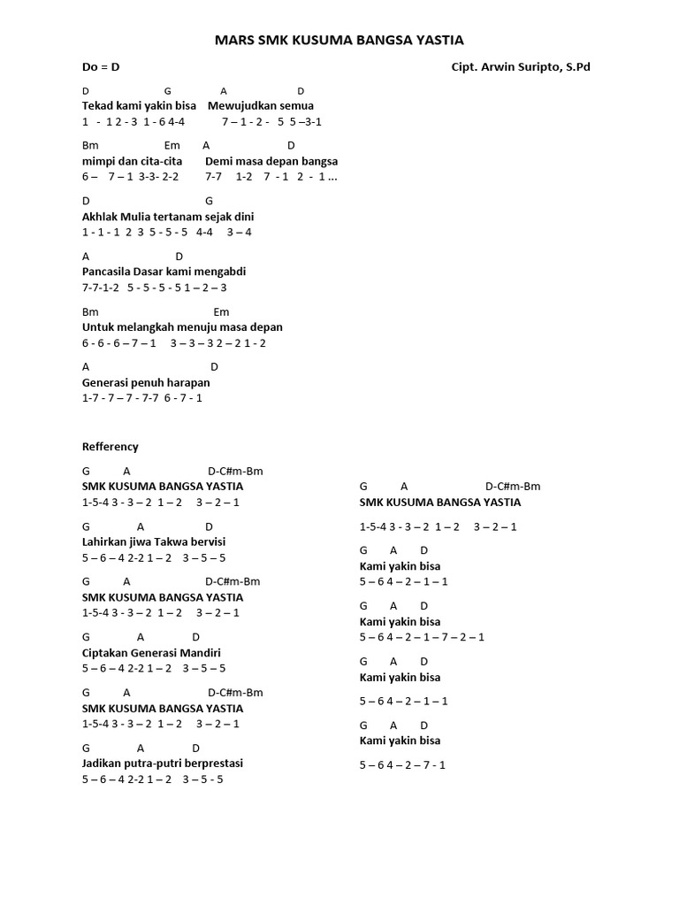 Mars SMK Kusuma Bangsa Yastia Not Angka | PDF