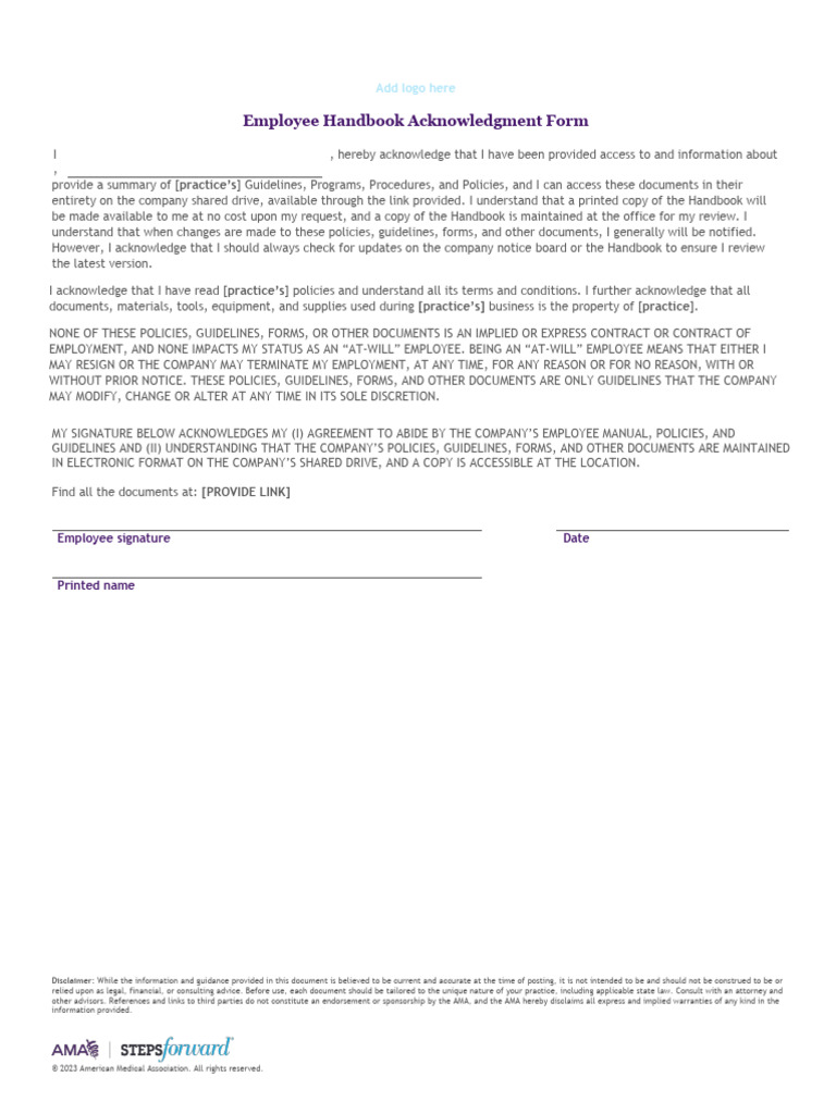 Steps Forward Employee Handbook Acknowledgment Form | Download Free PDF ...