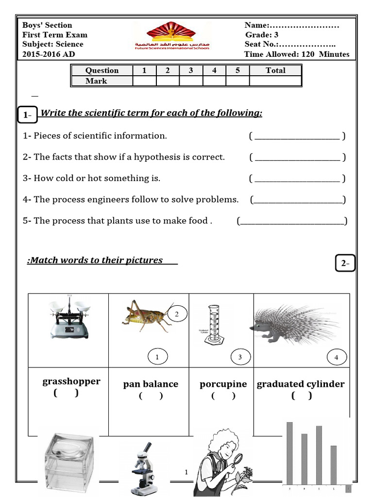 3rd Grade Science First Term Exam | PDF | Plants