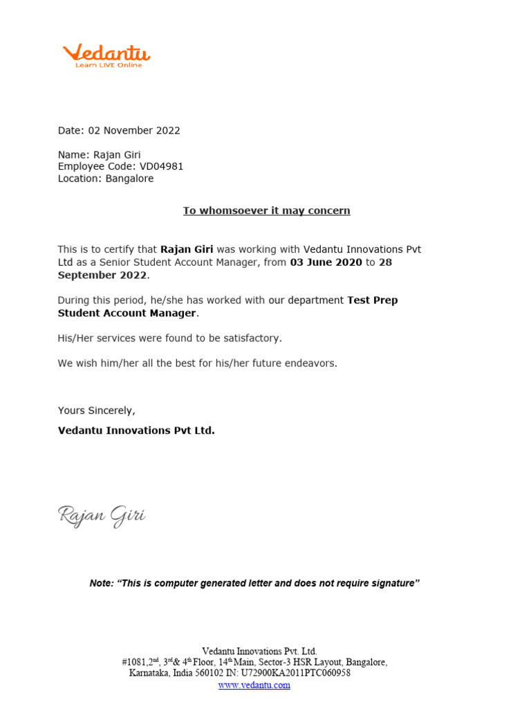 Experience Letter Signed | PDF