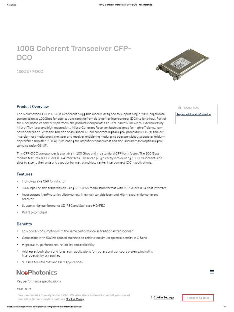 100G Coherent Transceiver CFP-DCO - Neophotonics | PDF | Electronics | Computer Engineering