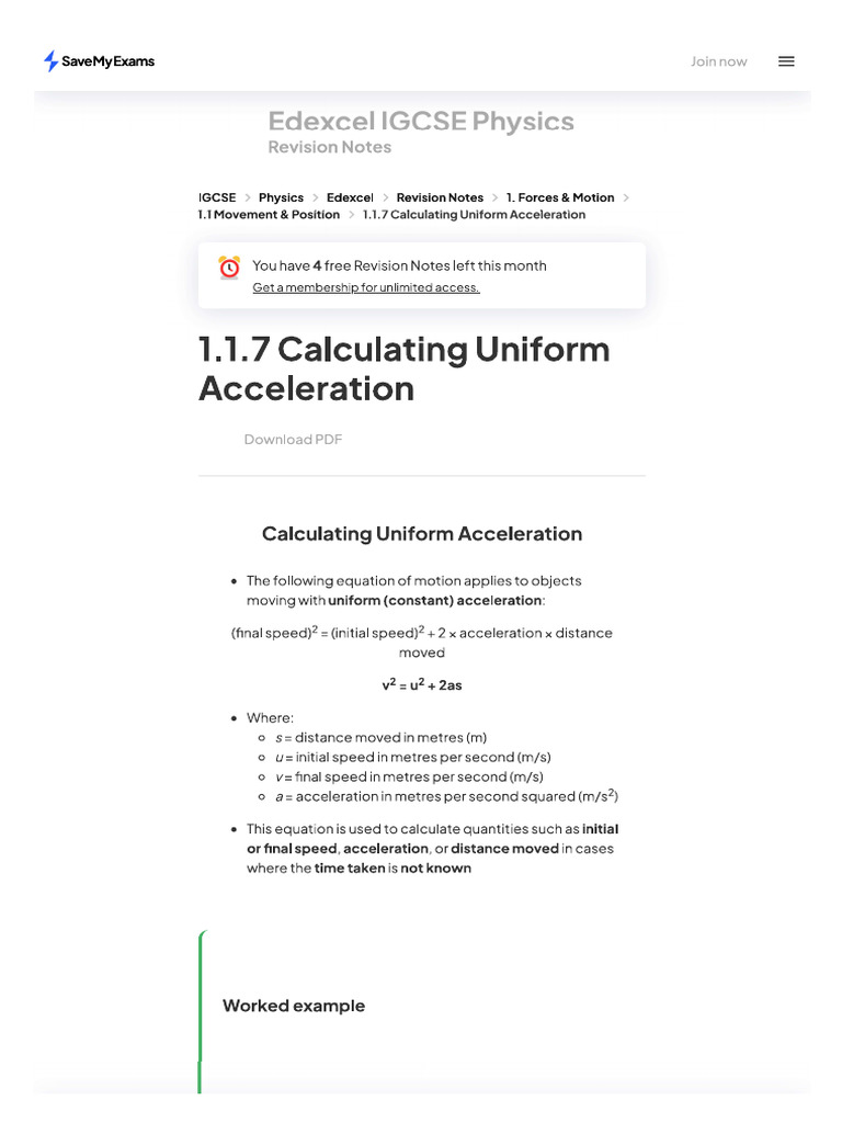 Calculating Uniform Acceleration (IGCSE) | PDF