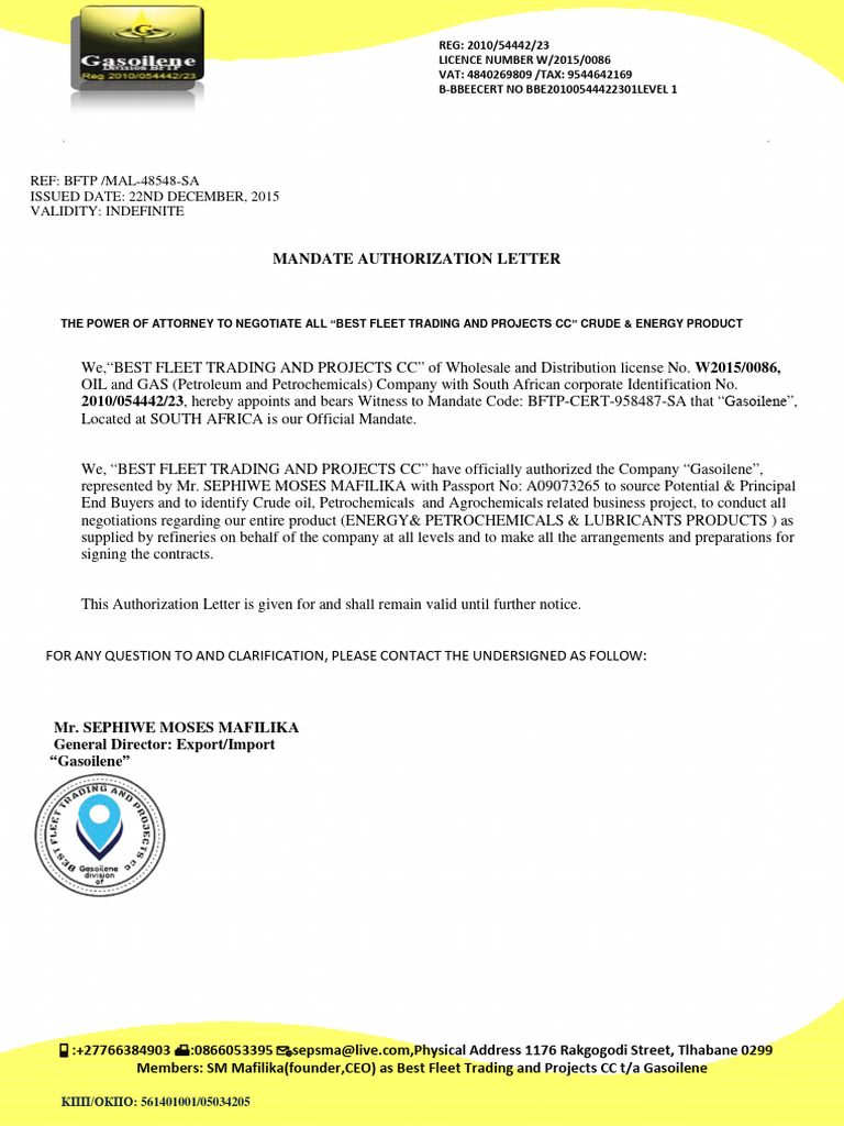 Gasoilene MANDATE Letter | PDF