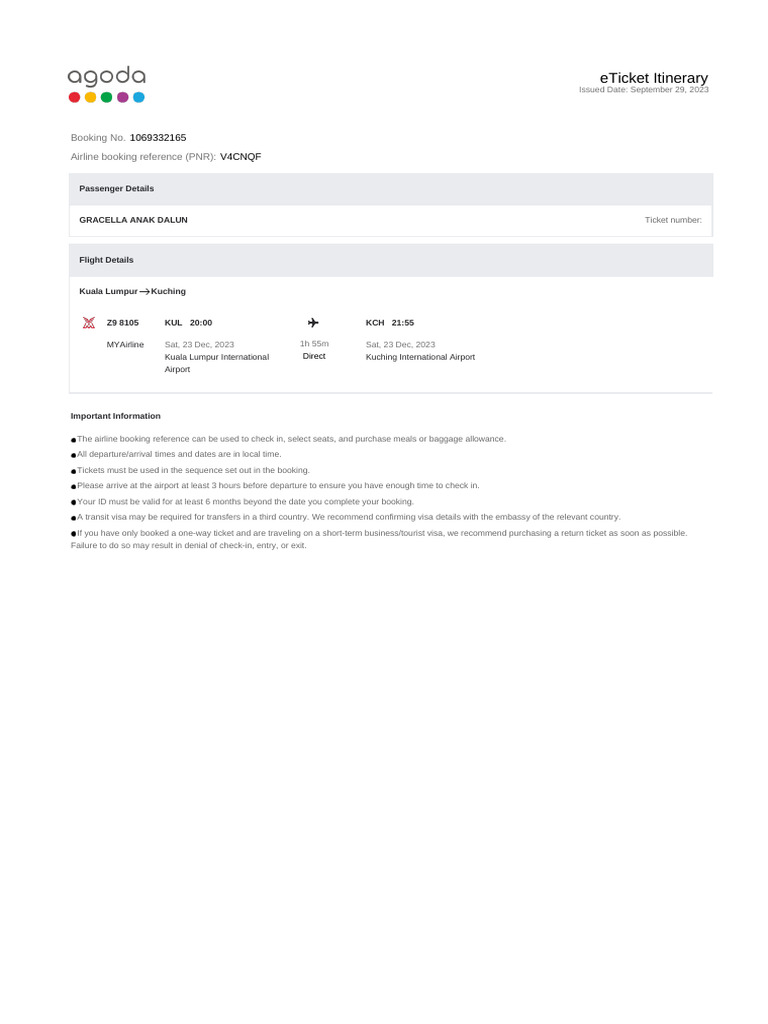Agoda Booking ID 1069332165 Eticket | PDF