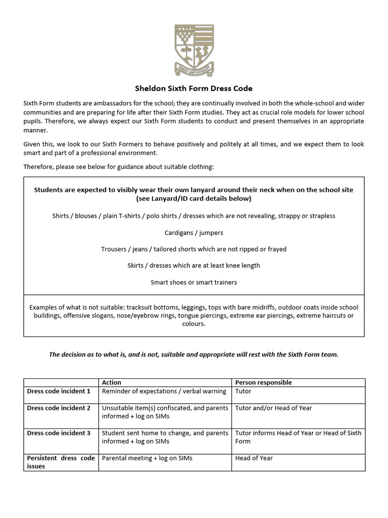 Sheldon Sixth Form Dress Code June 2022 | PDF | Dress | Clothing
