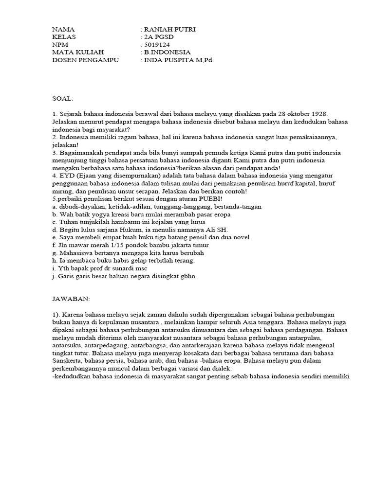 Tugas Uts B.indonesia (Raniah Putri) | PDF