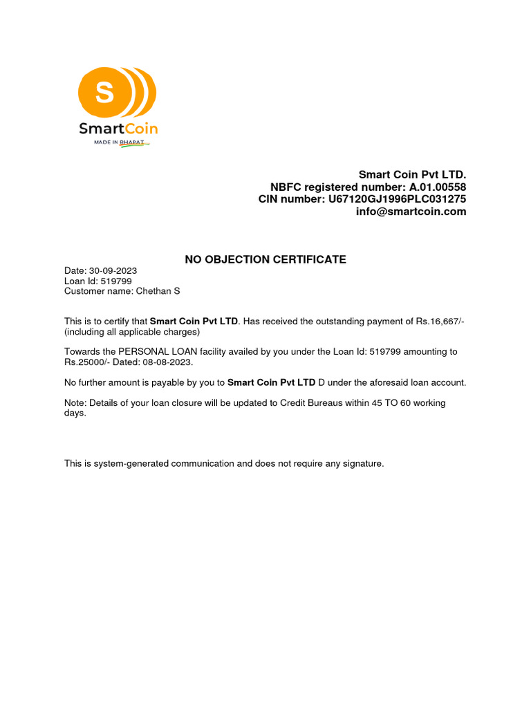 Smart Coin Loan No Objection Certificate | PDF