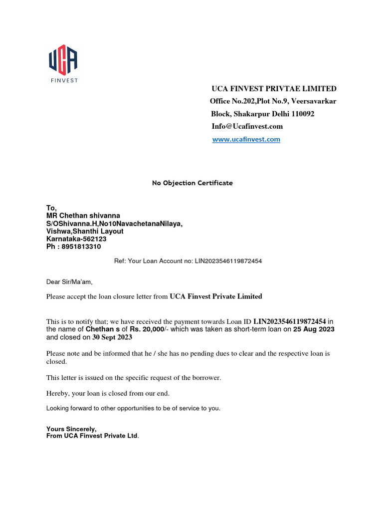 UCA Finvest NOC | PDF | Finance & Money Management