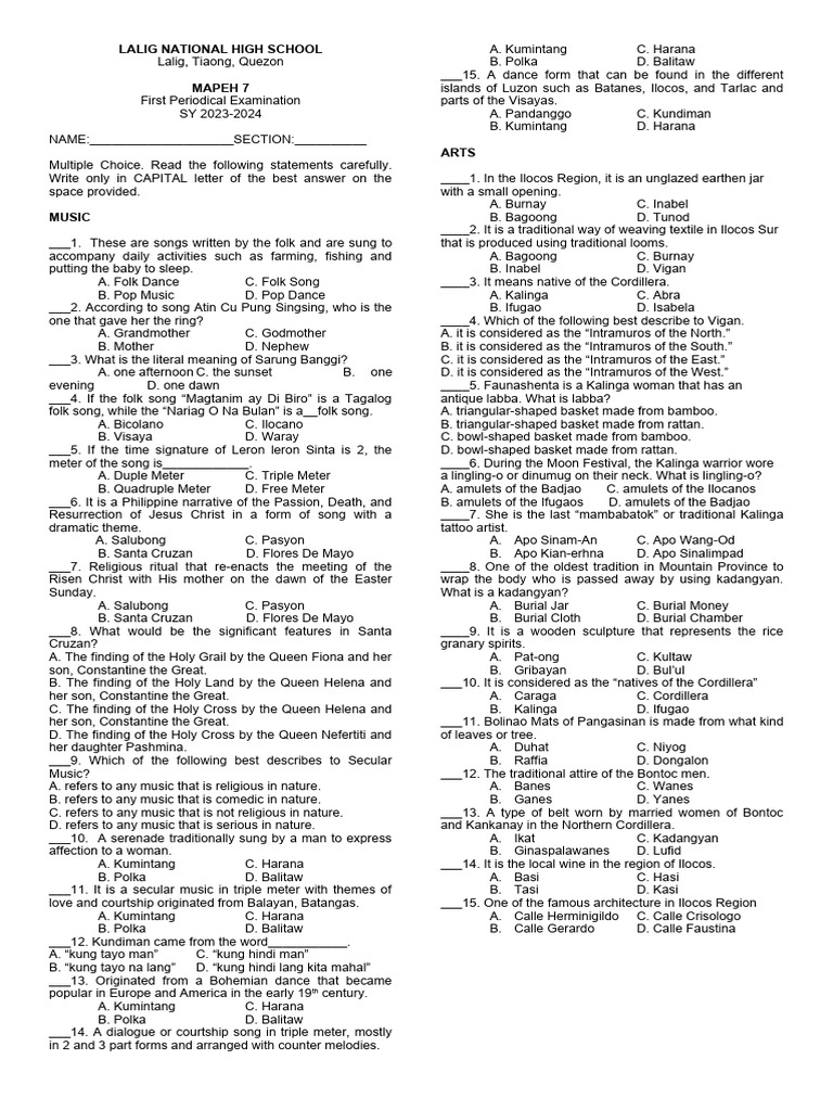 MAPEH 7 2023-2024 FIRST QUARTER v.1 | PDF