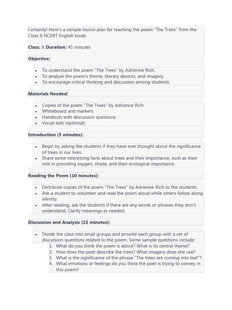 Lesson Plan for "The Trees" Poem | PDF | Poetry | Lesson Plan