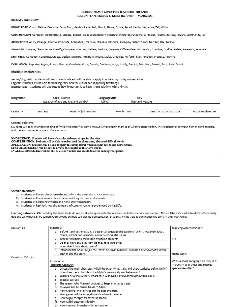 Mijbil Oct Lesson Plan Classx | PDF