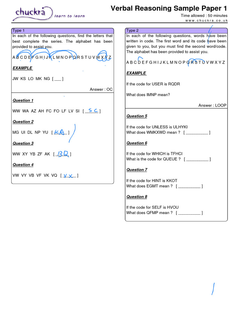 11 Plus Chukra Verbal Reasoning Sample Paper 1 | PDF