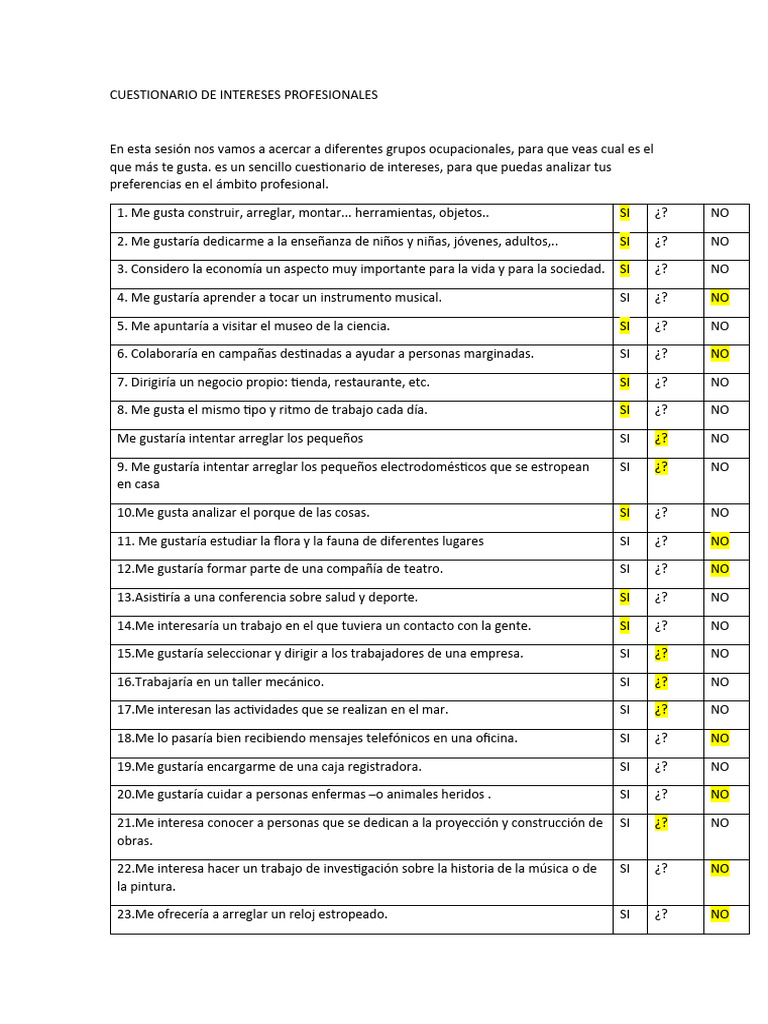Cuestionario de Intereses Profesionales | PDF | Ingeniería
