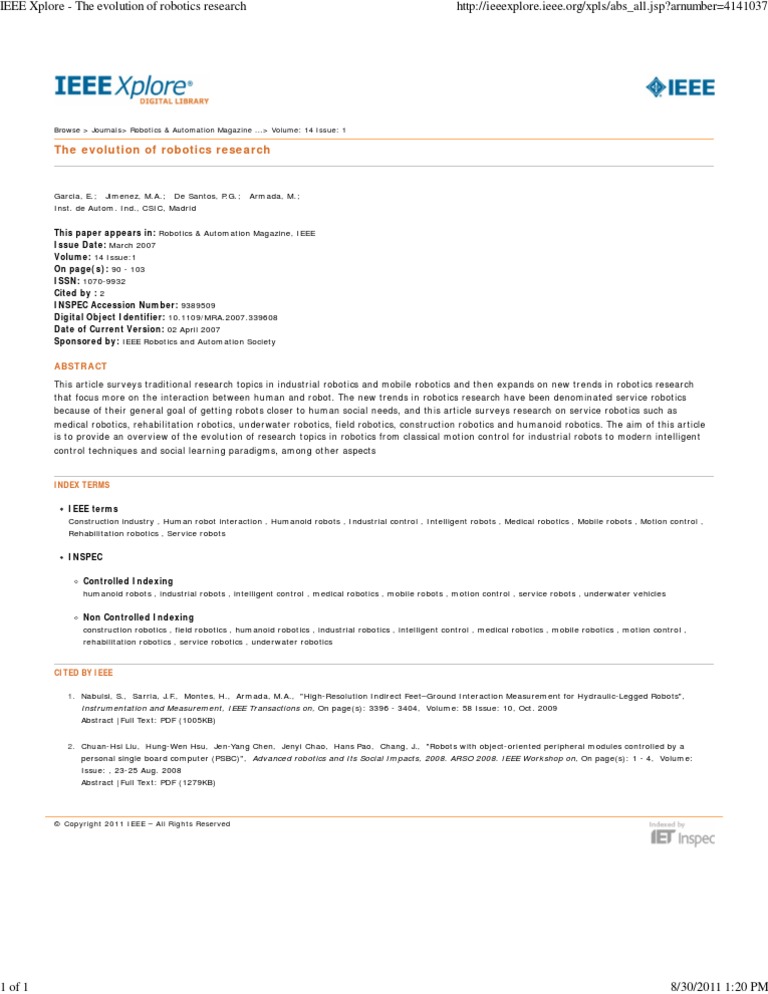 IEEE Xplore - The Evolution of Robotics Research | PDF | Robotics | Robot