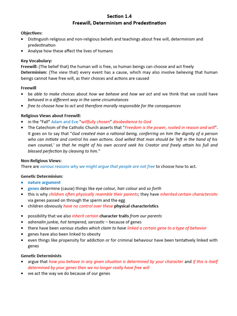 Revision Notes On Section 1.4 - Free Will, Determinism & Predestination ...