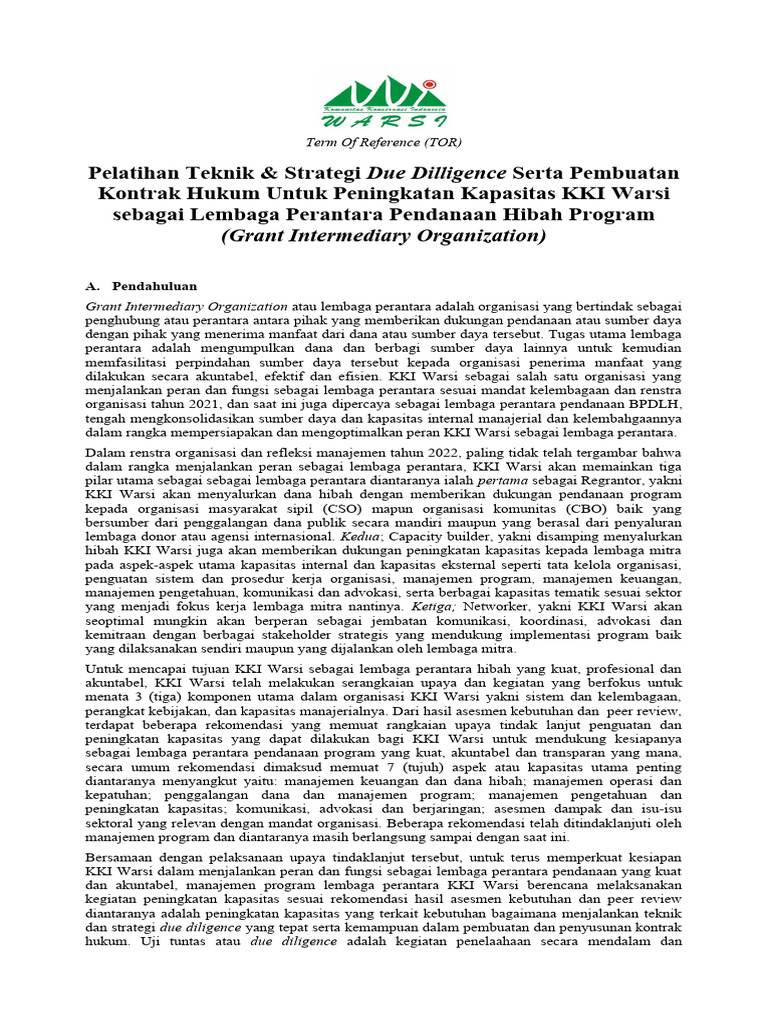 FINAL - TOR Pelatihan Due Diliigence Dan Legal Drafting | PDF