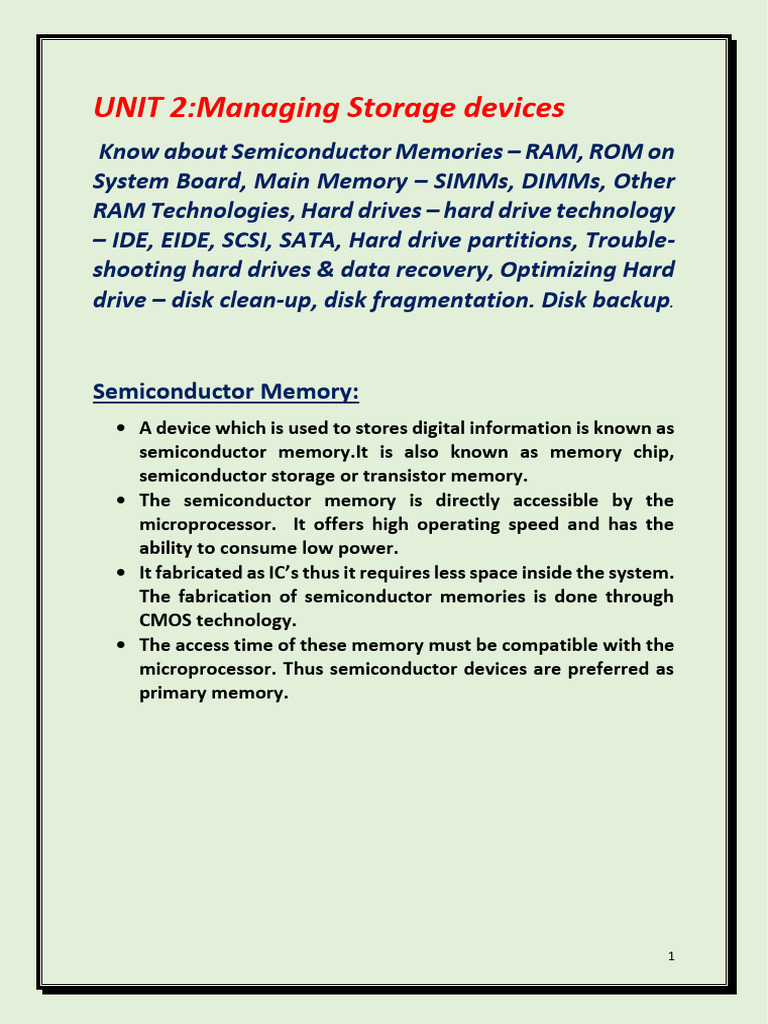 UNIT 2 Managing Storage Devices | PDF | Random Access Memory | Read Only Memory