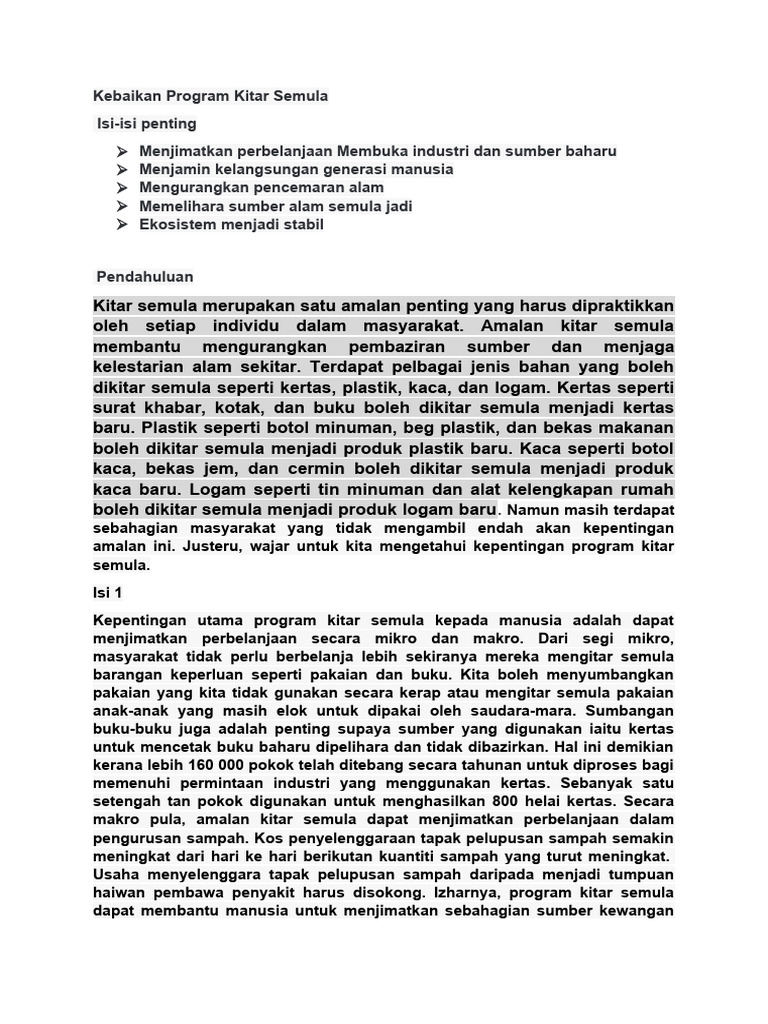 Karangan Kebaikan Program Kitar Semula | PDF