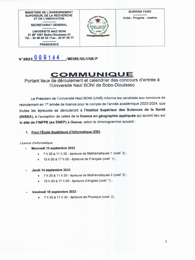 Communiqué Signé Portant Lieux Et Calendrier Deroulement Concours Recrutement 1re Annee Licence ...