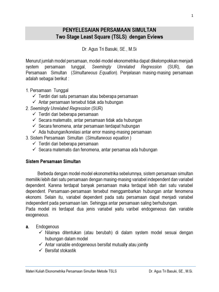 Penyelesaian Persamaan Simultan Dengan Tsls 1 | PDF