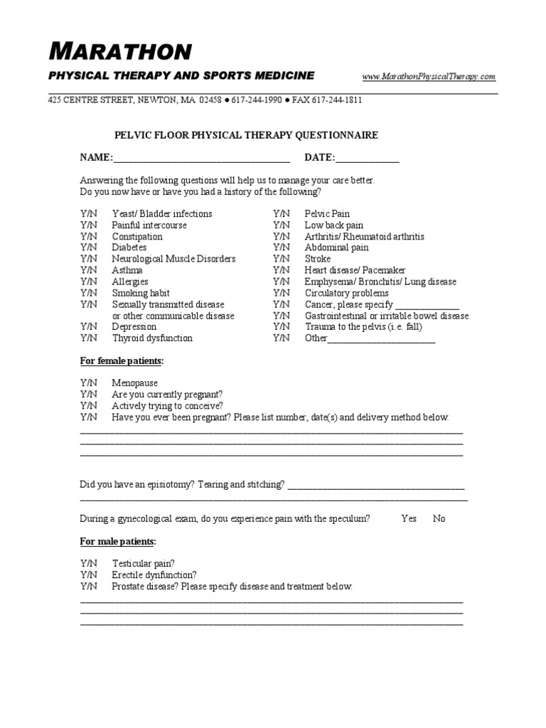 Comprehensive Pelvic Floor Physical Therapy Intake Questionnaire for ...