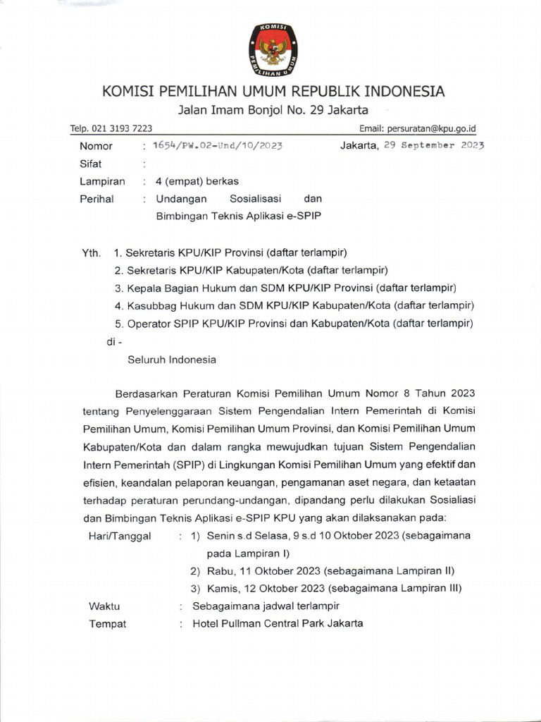 1654 Undangan E SPIP KPU Daerah | PDF