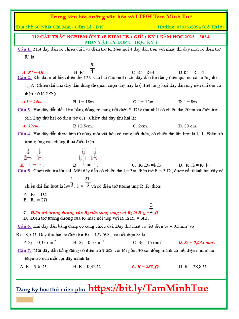 Trac Nghiem Vat Ly 9 Thi GK1 | PDF
