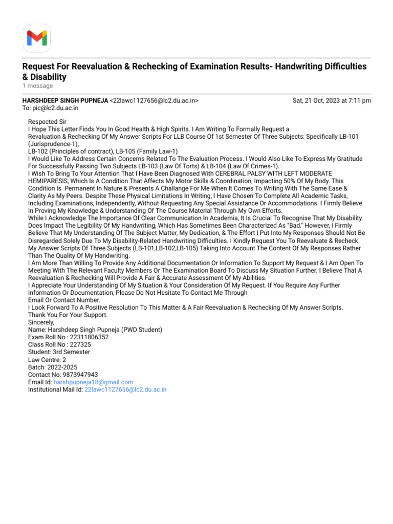 Gmail - Request For Reevaluation & Rechecking of Examination Results - Handwriting Difficulties ...