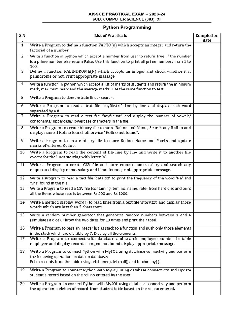 Practical List Xii 2023-24 | PDF | Databases | My Sql