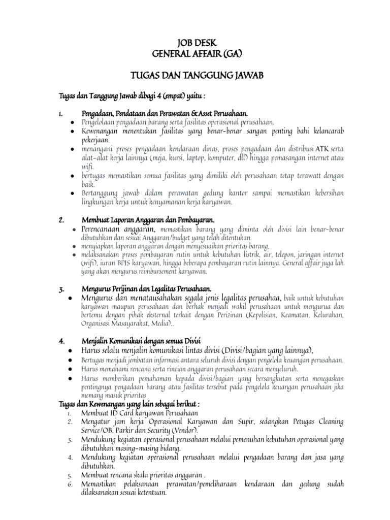 Tugas Utama General Affair (GA) | PDF | Bisnis | Komputer