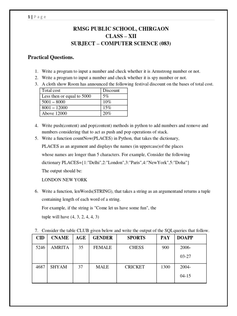 Class XII Computer Science Practical Tasks | PDF | Mathematical Logic ...